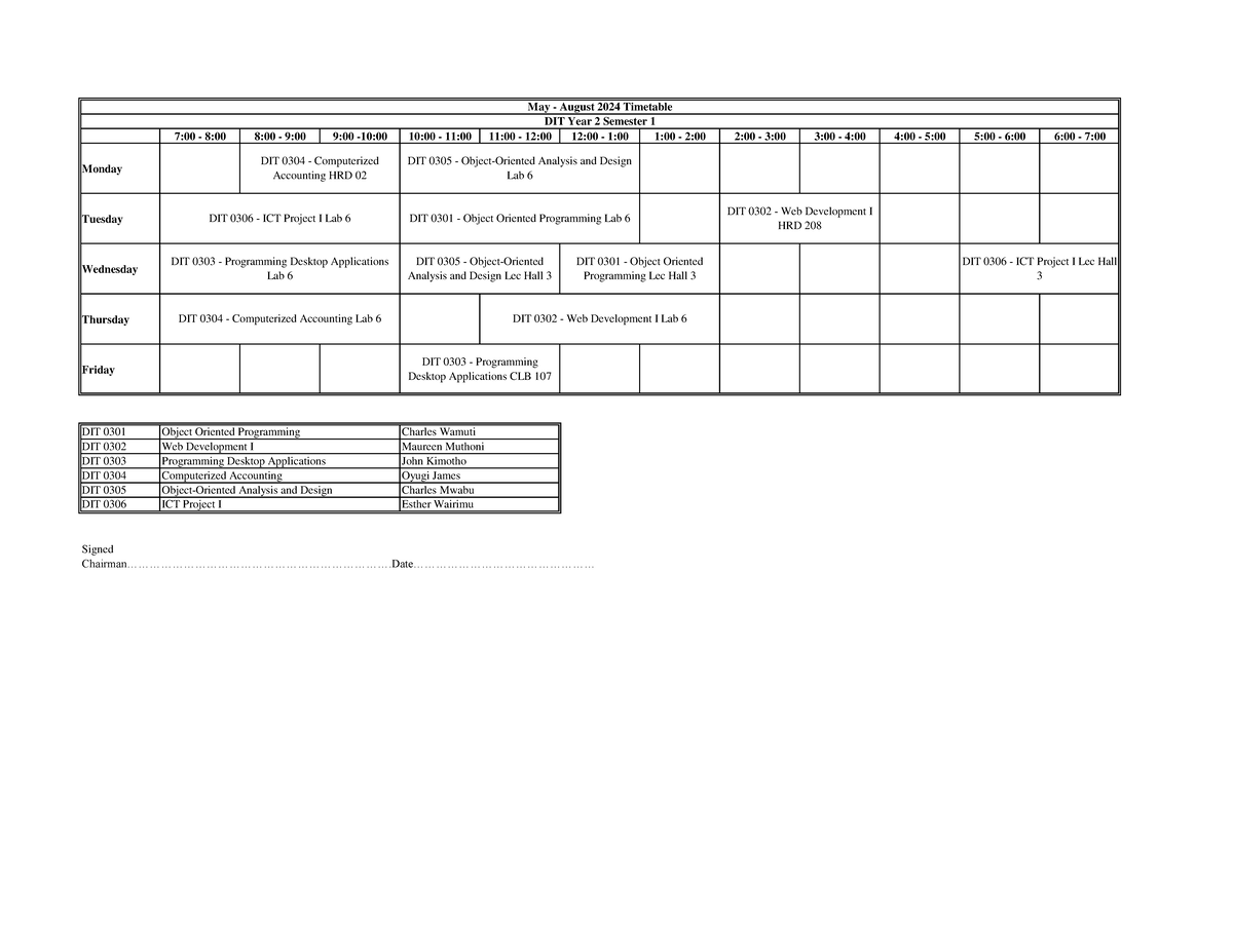 DIT 0304-0306 May-Aug 2024 Teaching Timetable for Year 2 - Studocu