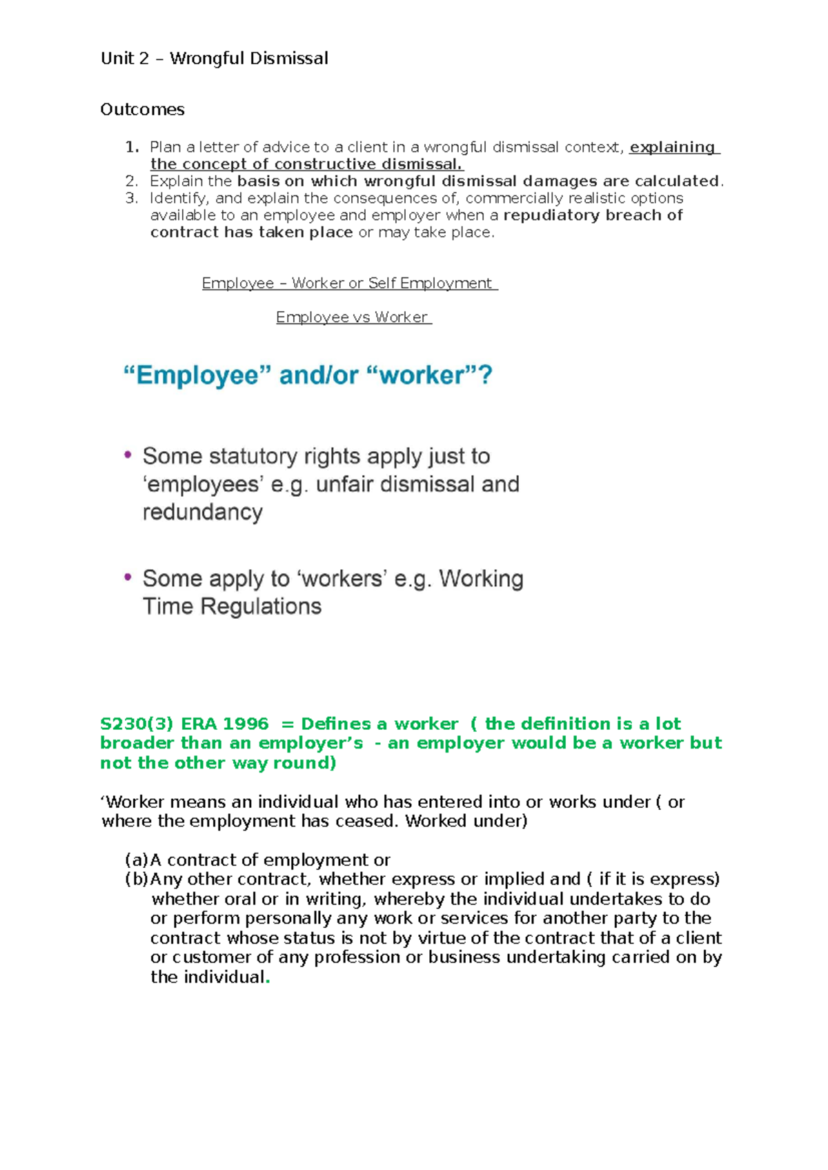 Unit 2 - Wrongful Dismissal: Legal Advice and Key Concepts - Studocu