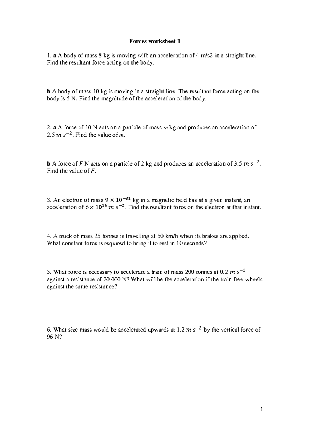 Forces Worksheet 1: Resultant Forces and Acceleration Problems - Studocu