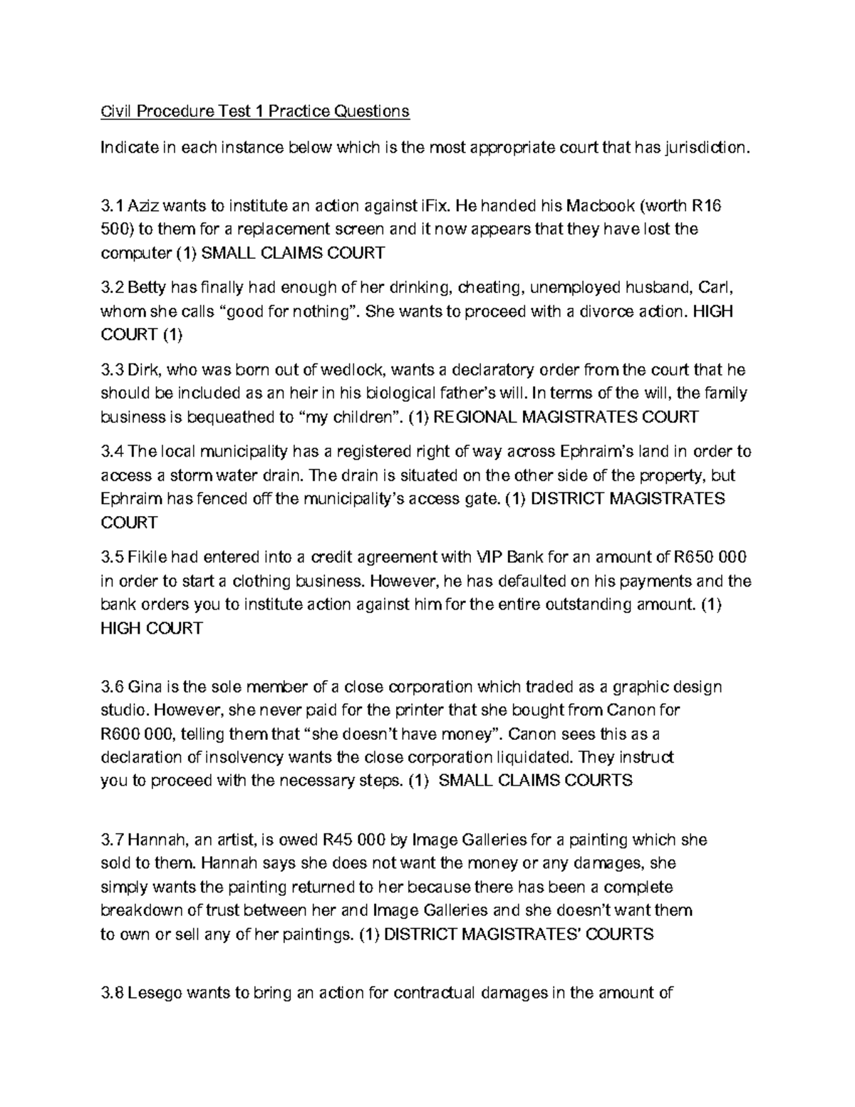 Civil Procedure Test 1 Review: Jurisdiction & Practice Questions - Studocu