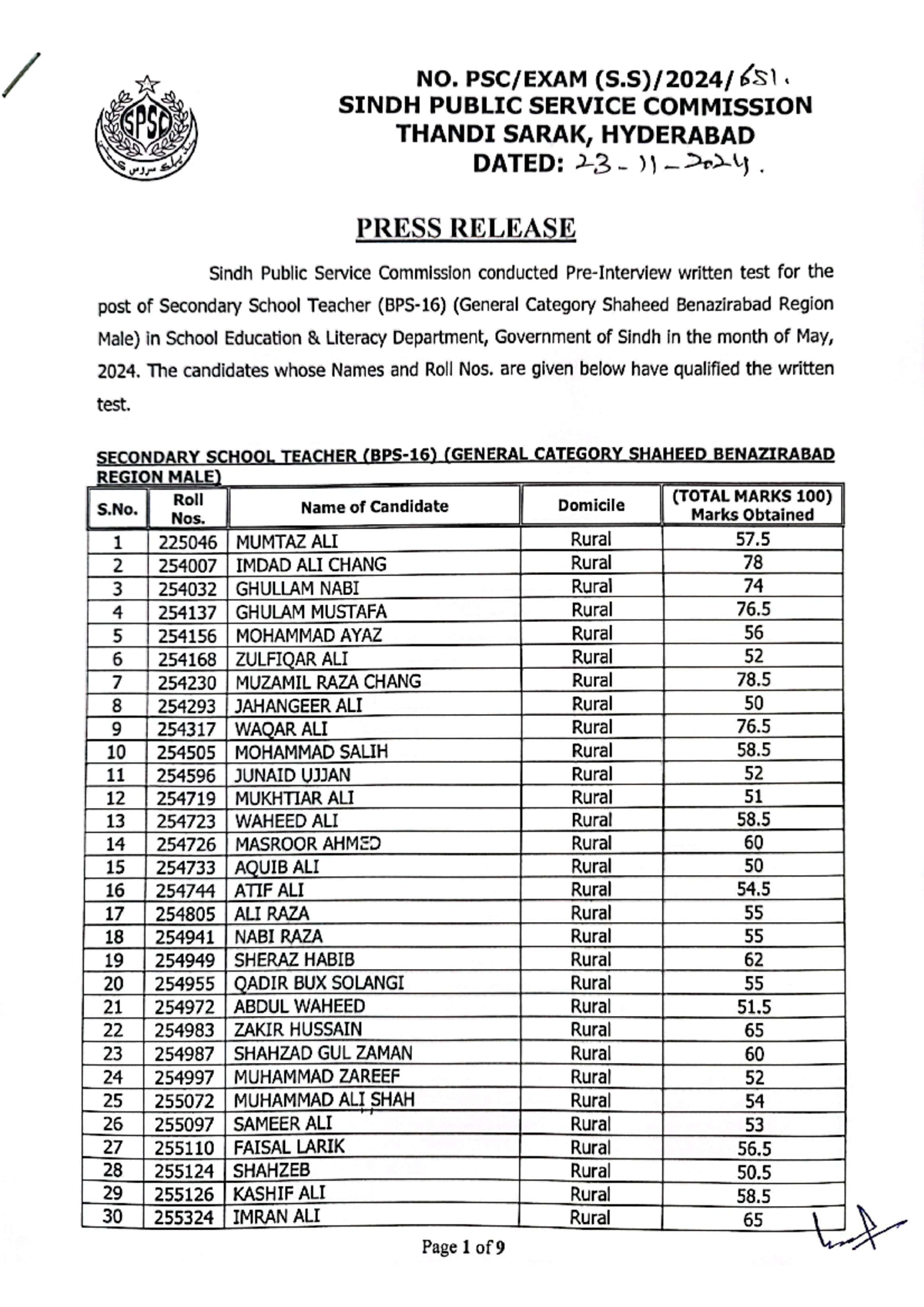 SST General Male SBA - Written Test Results (Shaheed Benazirabad) - Studocu