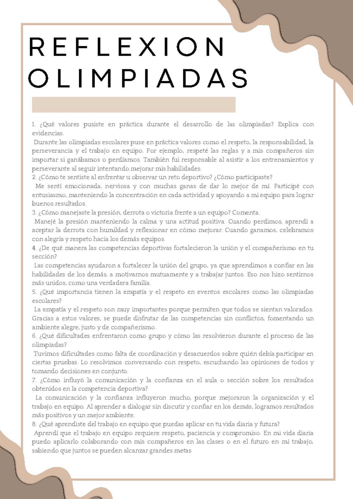 Reflexión sobre Valores en las Olimpiadas Escolares - ADGF - Studocu