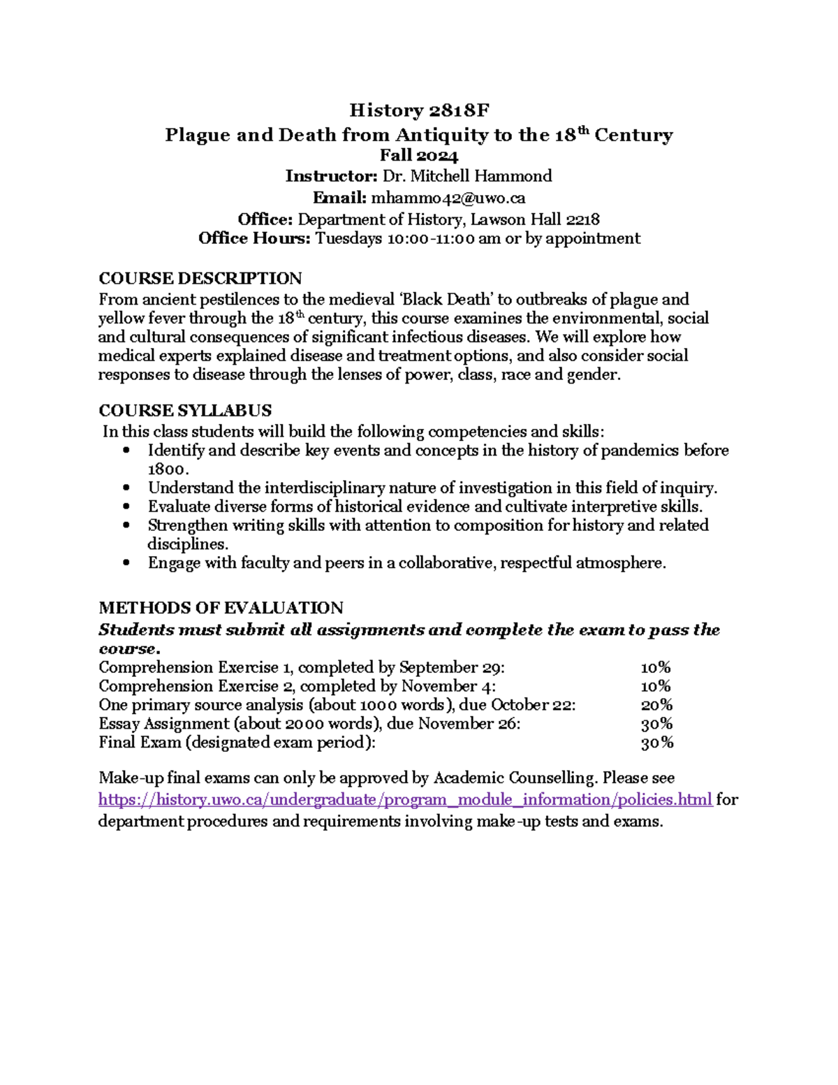 HIST 2818F Plague and Death: Full Course Outline for Fall 2024 - Studocu