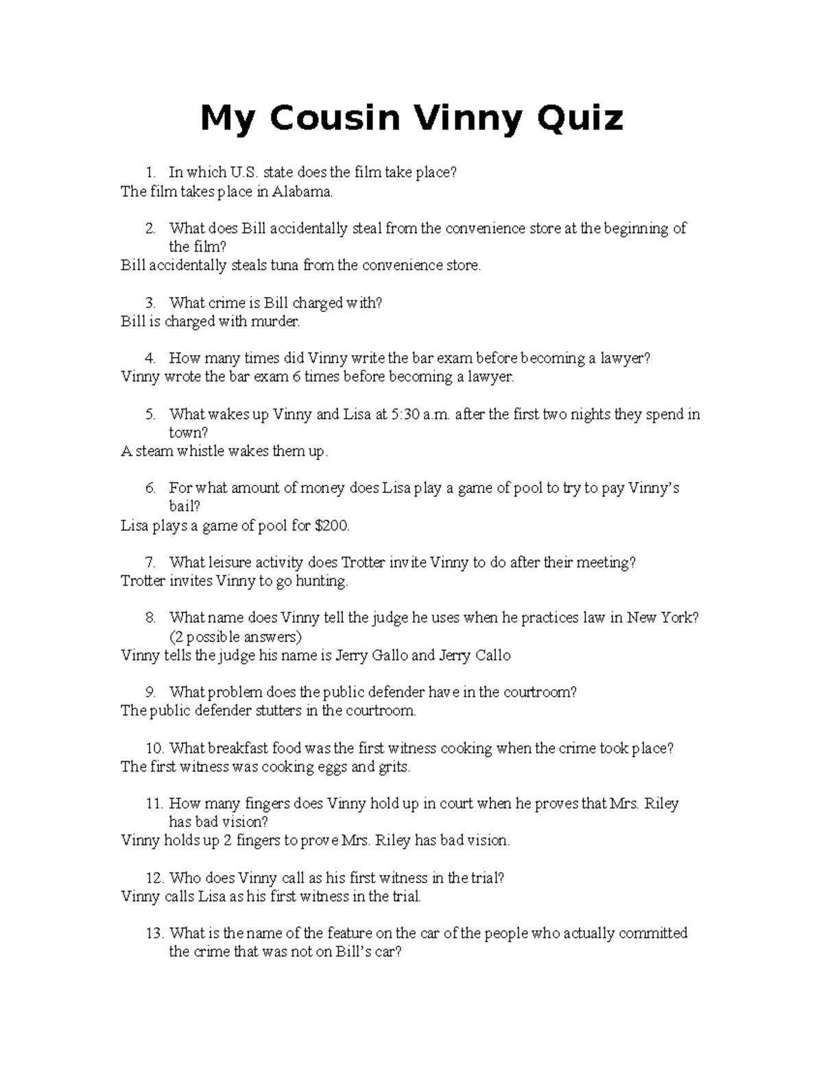 My Cousin Vinny Quiz - Key Questions and Answers - Studocu