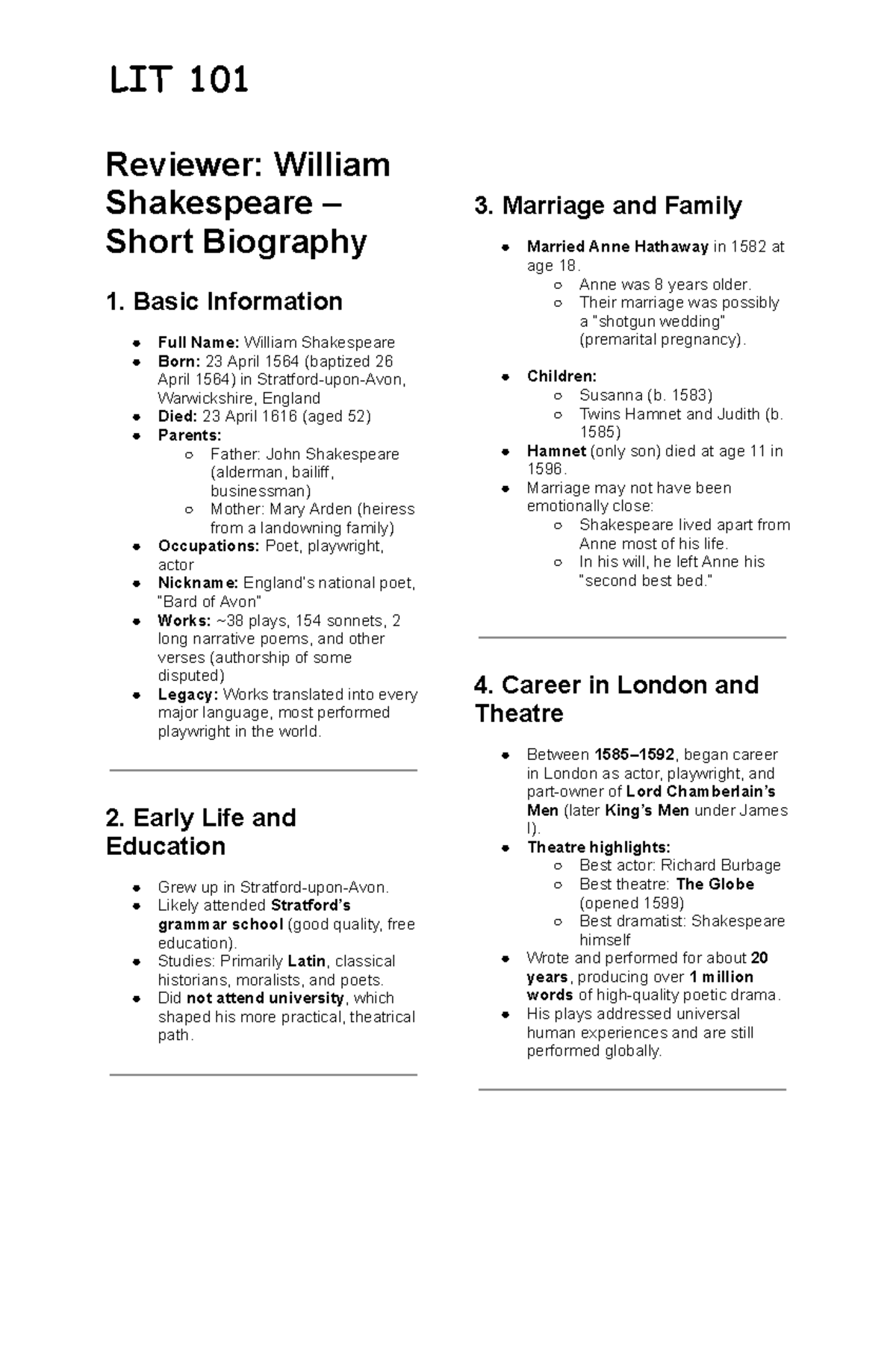 LIT 101 Reviewer: William Shakespeare's Life and Literary Contributions ...