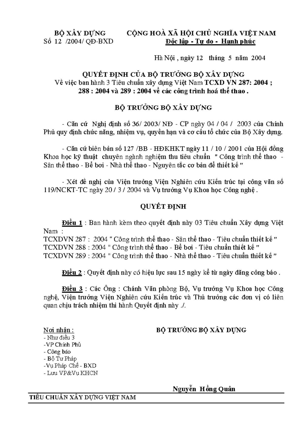 Tiêu chuẩn Xây dựng Việt Nam TCXDVN 287:2004 về Sân Thể Thao - Studocu