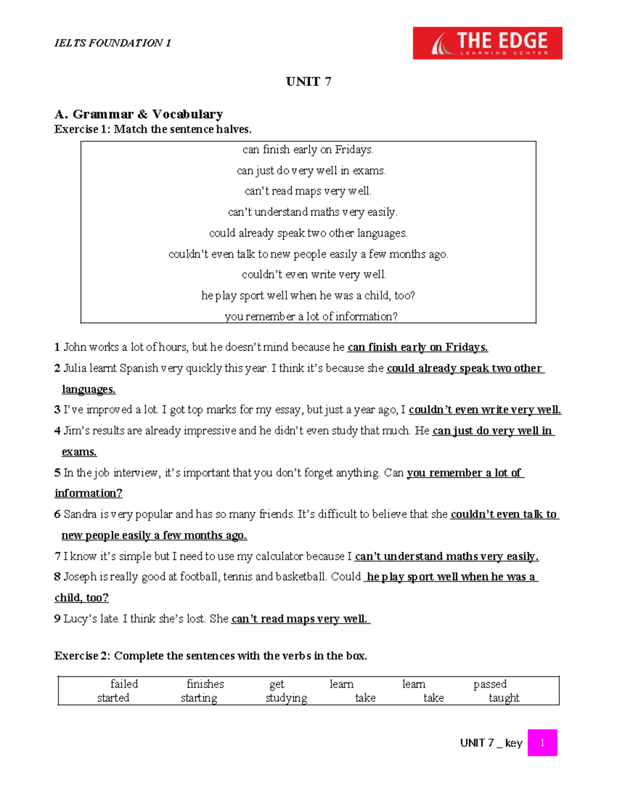 IELTS FOUNDATION 1 UNIT 7 - Grammar & Vocabulary Exercises Key - Studocu