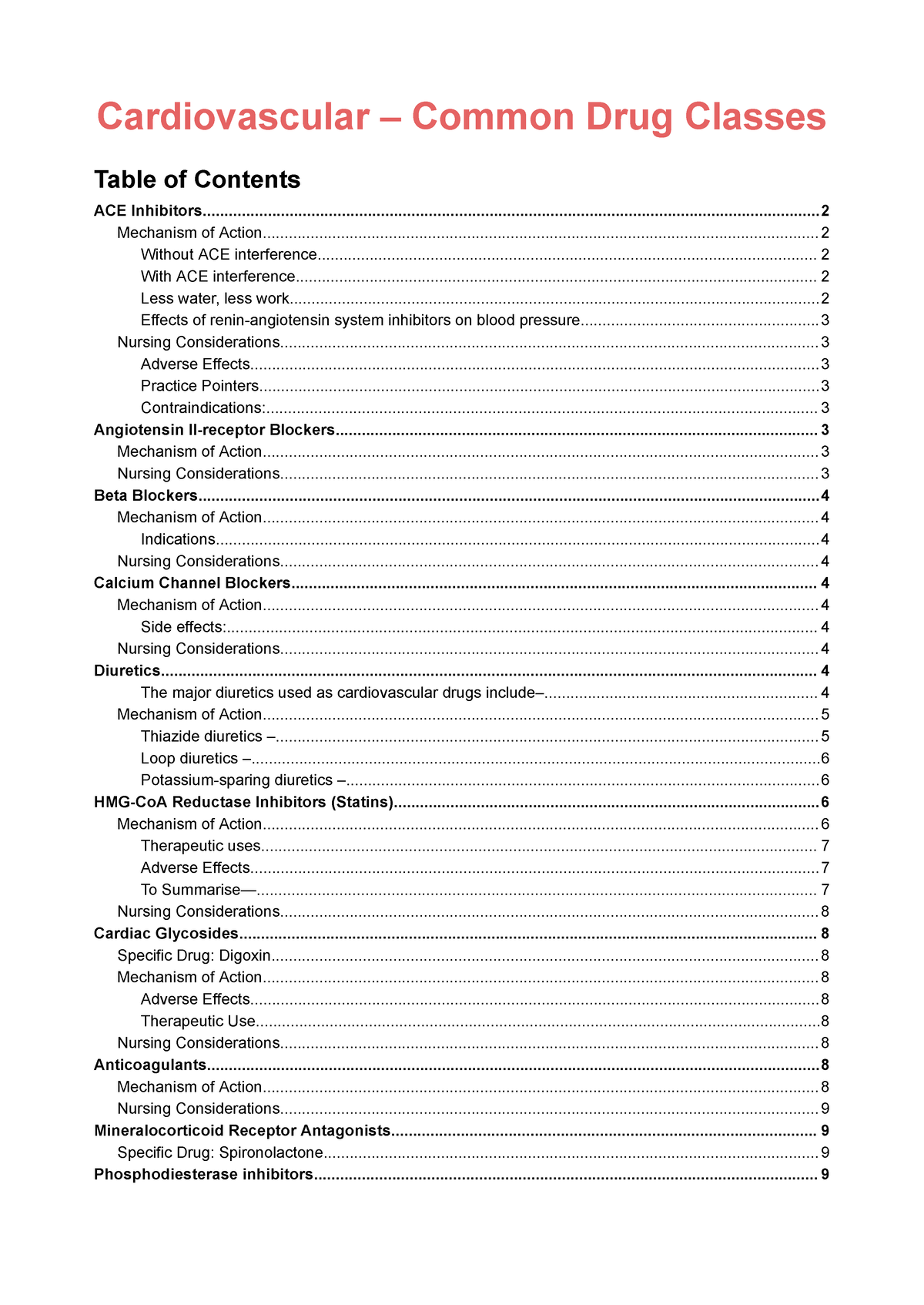 Cardiovascular Drug Classes Overview - MEDICATION/PHARMACOLOGY - Studocu