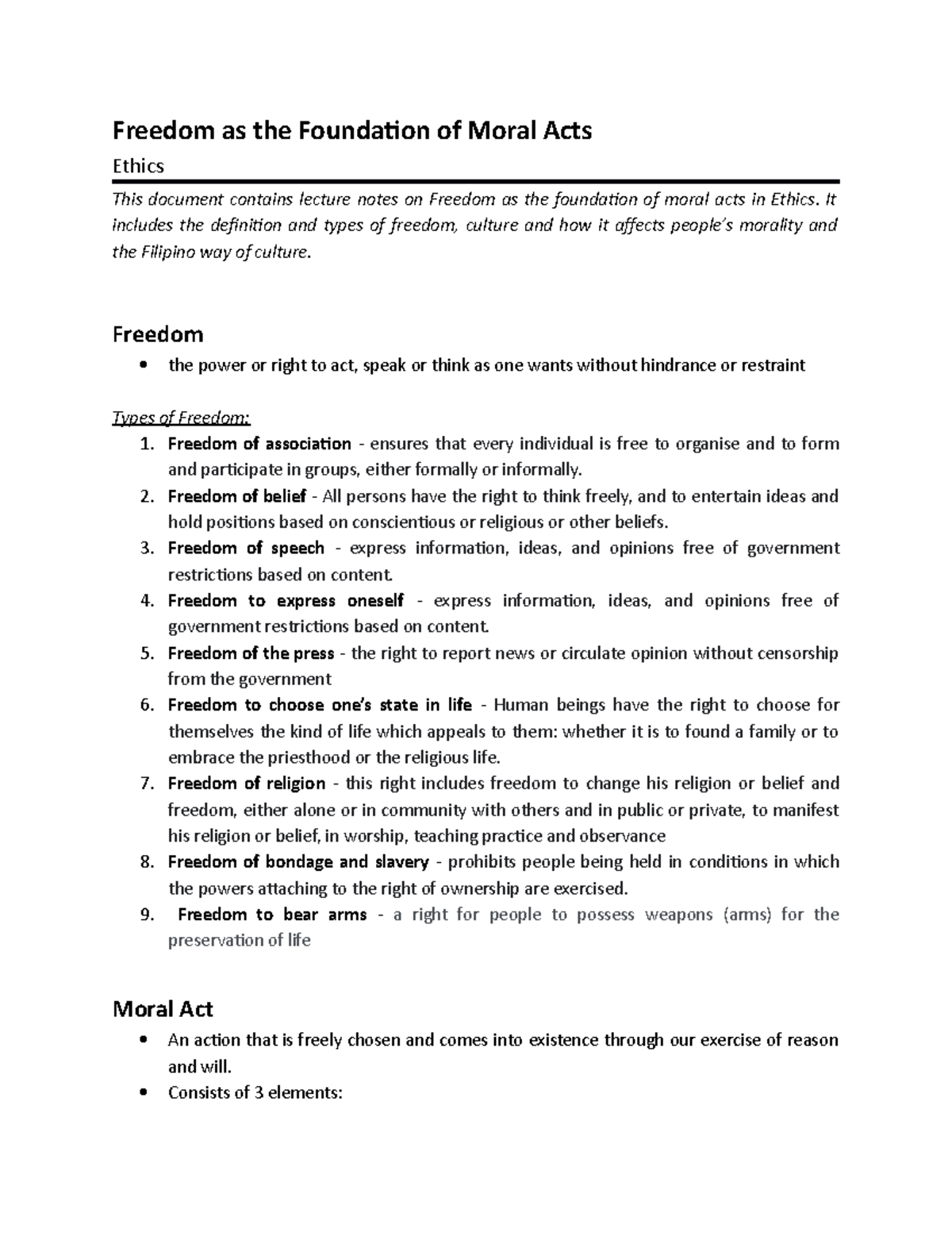 Ethics Lecture: Freedom as the Foundation of Moral Acts - Studocu
