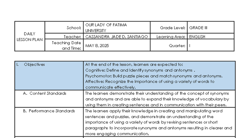DLP: English Lesson Plan on Synonyms & Antonyms - GRADE 1 - Studocu