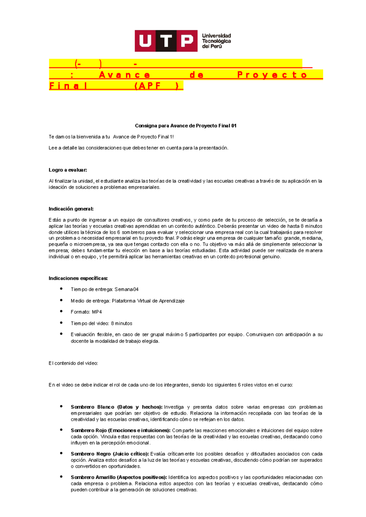 🔴 (APF1) Avance de Proyecto Final 1: Creatividad Empresarial - Studocu