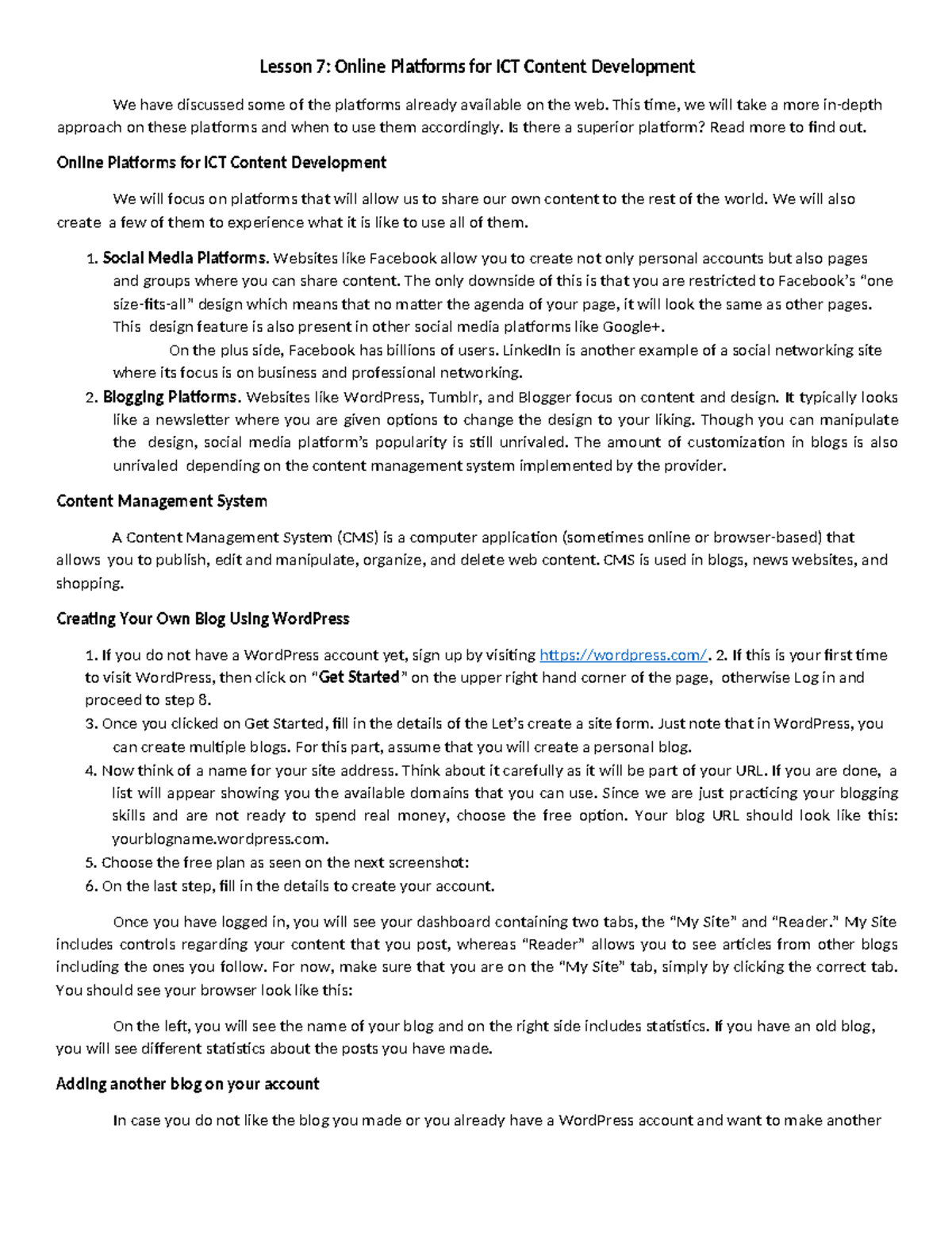 Lesson 7 - Online Platforms for ICT Content Development and Blogging ...