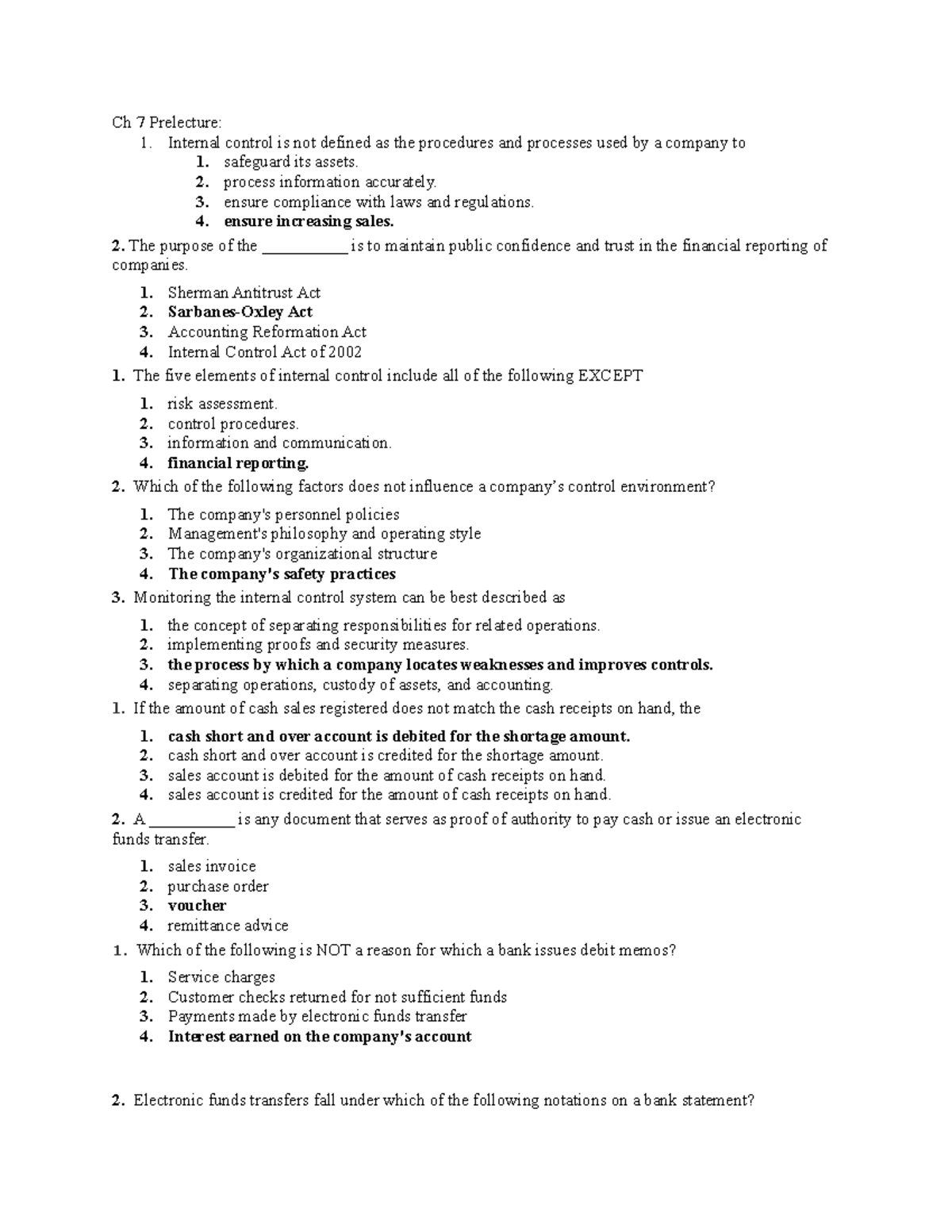 Ch 7 Prelecture - Ch 7 Prelecture: 1. Internal control is not defined ...