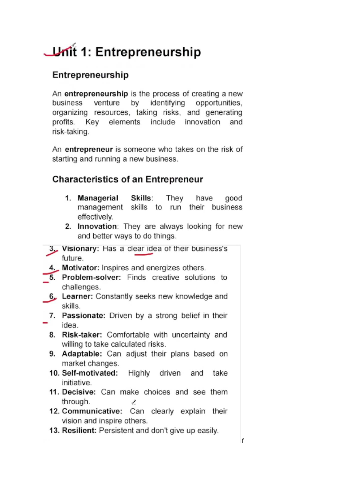 Unit 1: Entrepreneurship Notes - Key Concepts and Characteristics - Studocu