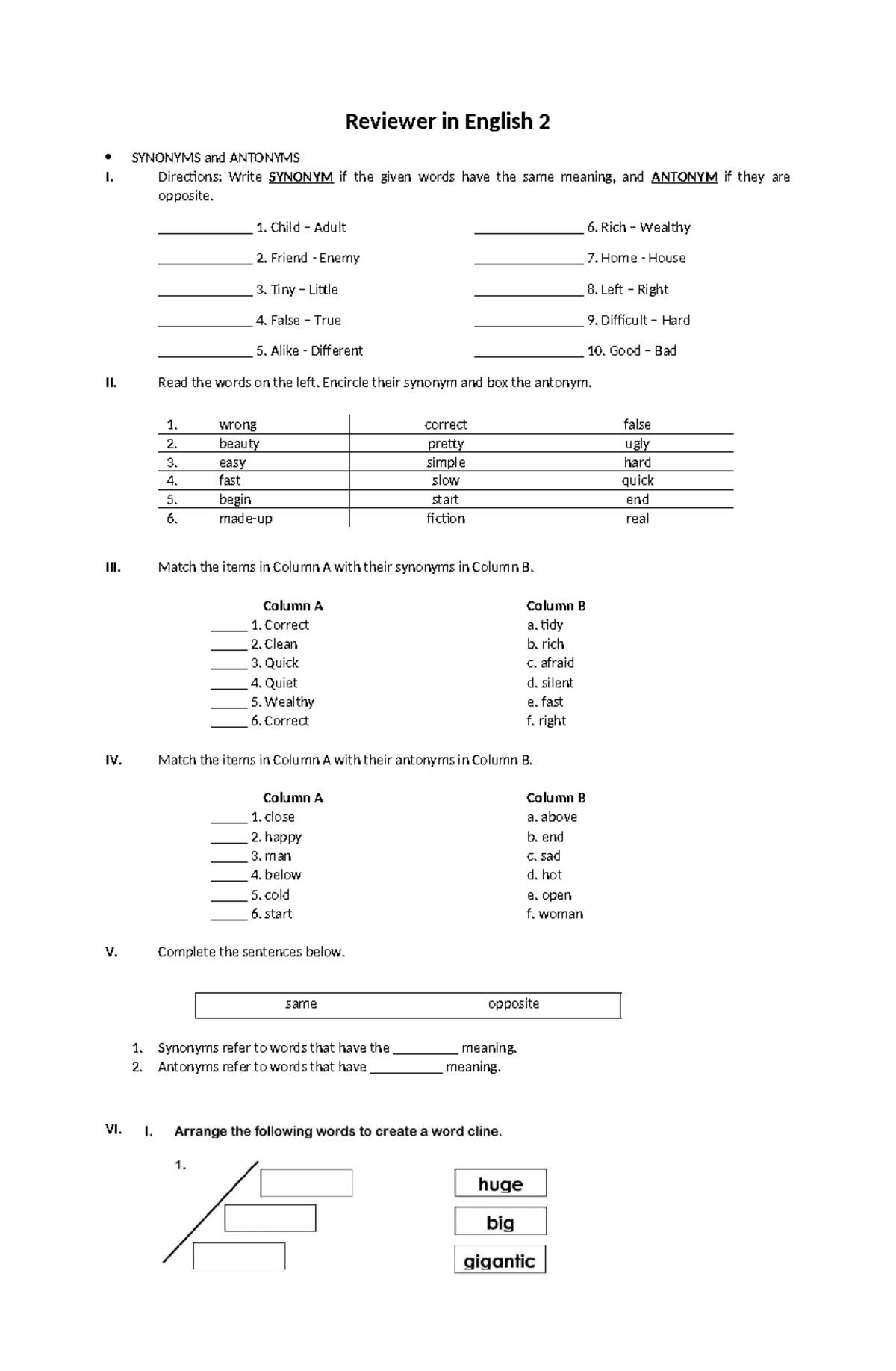 Grade 2 Q3 Reviewer - Reviewer in English 2 SYNONYMS and ANTONYMS I ...