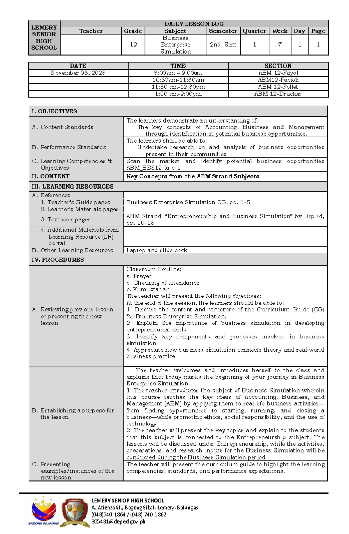 DLL-Business Simulation 2nd Sem Week 1 Day 1 Lesson Plan - Studocu