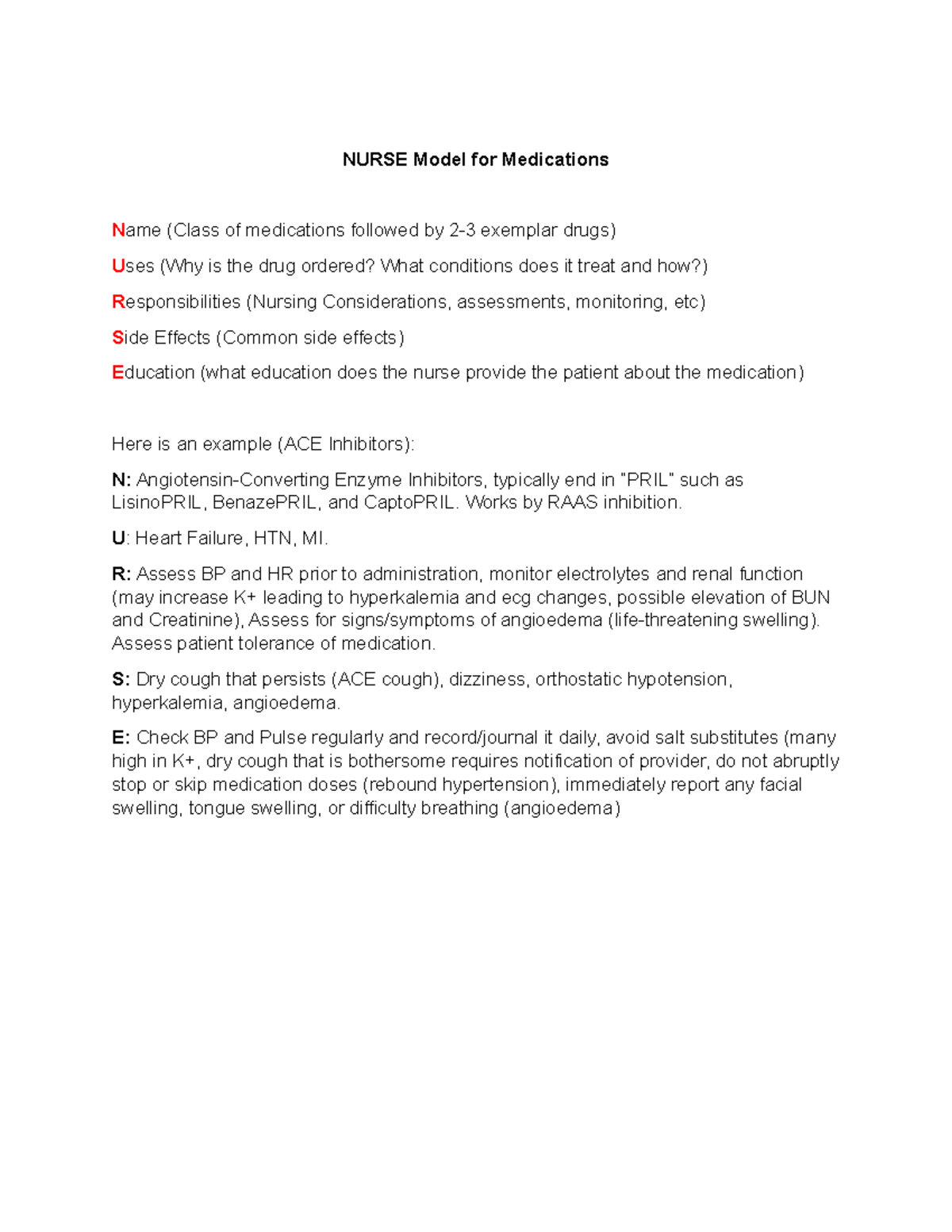 NURSE Model for Medications: A Comprehensive Worksheet Guide - Studocu