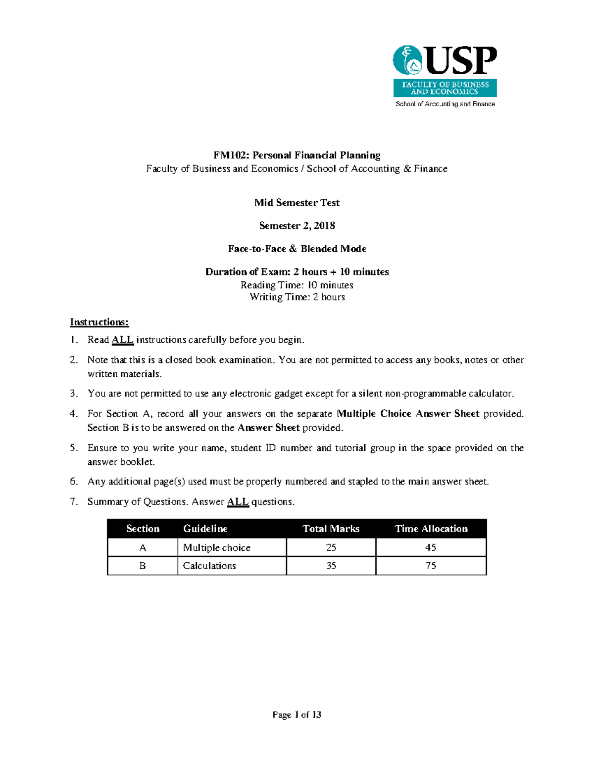 Final 2018, questions and answers - FM102: Personal Financial Planning Faculty of Business and ...