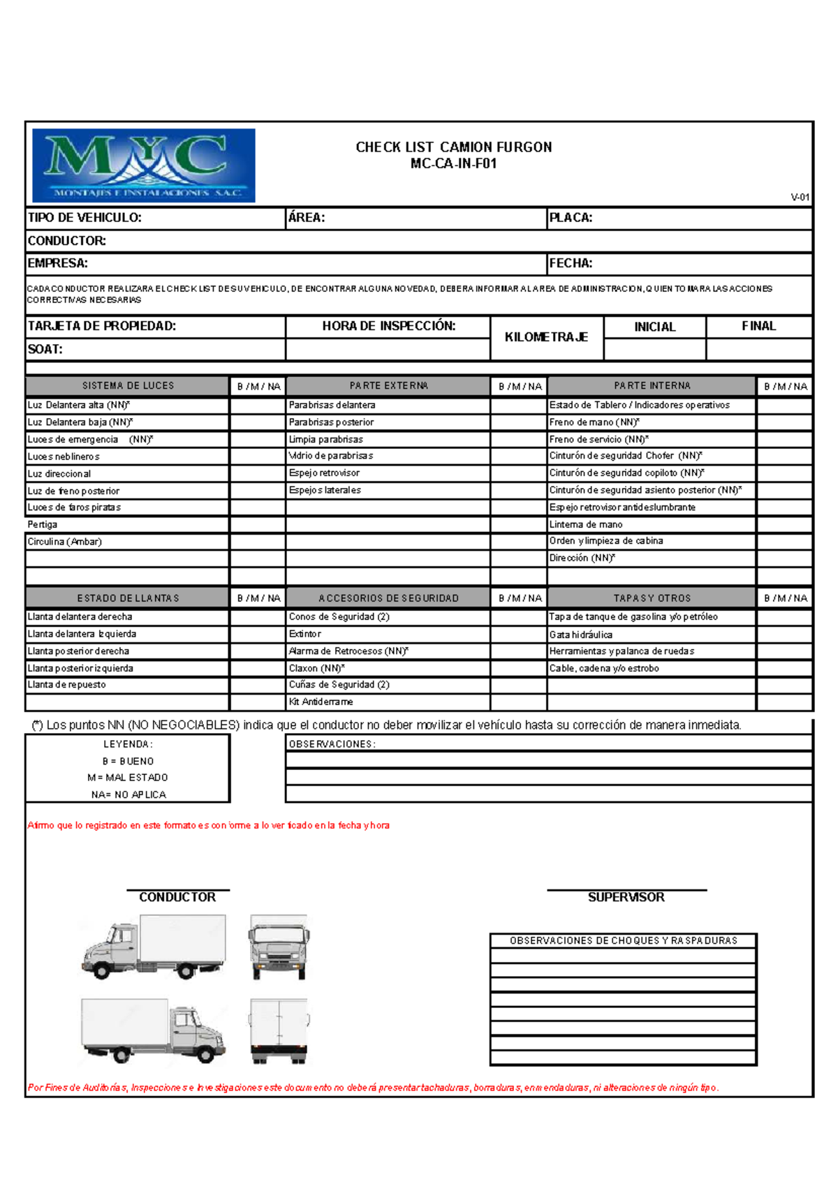 Check List Camión Furgón: Inspección y Mantenimiento Vehicular - Studocu
