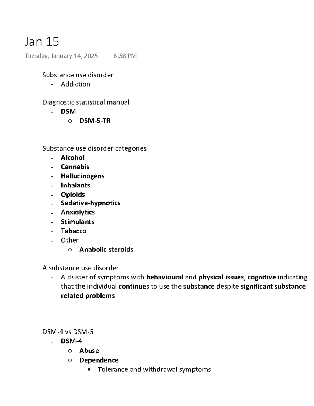 Jan 15 Psych 2020 - notes - Substance use disorder Addiction Diagnostic ...