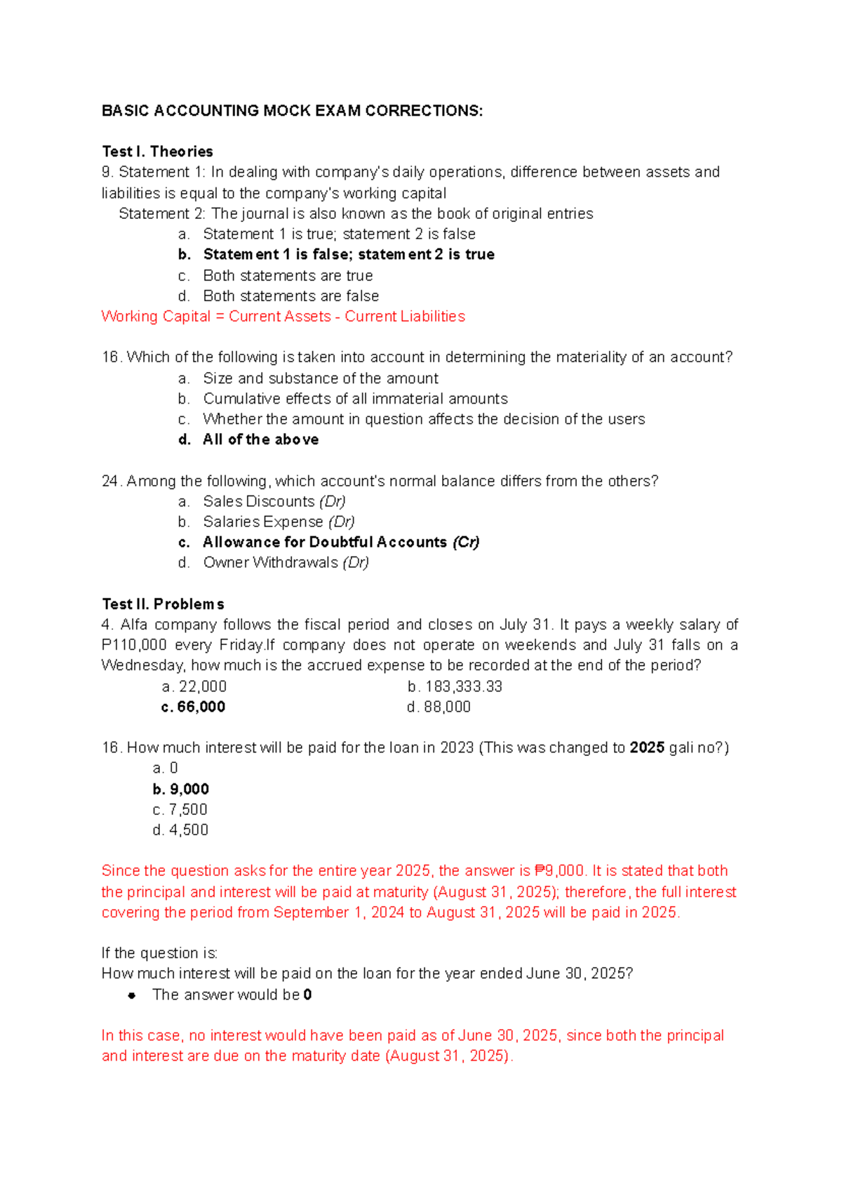 ACCT-101 Basic Accounting Mock Exam Corrections - Studocu