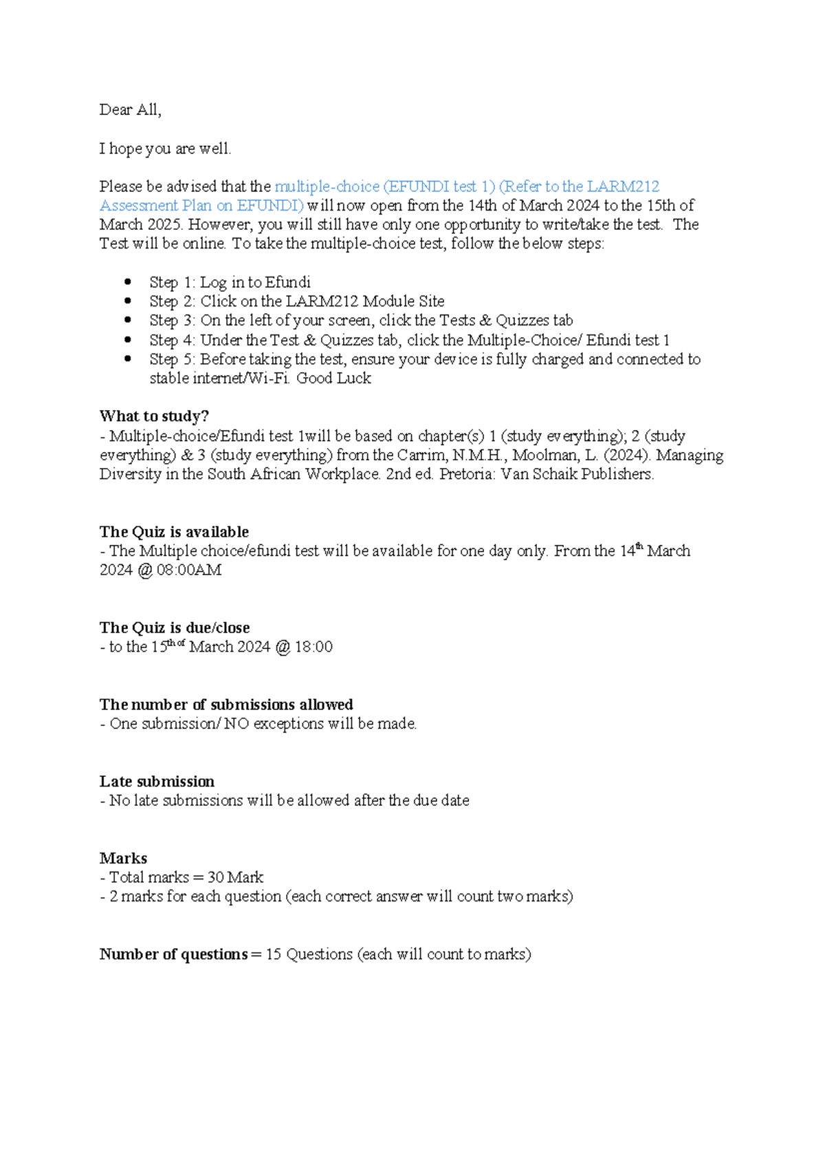 LARM212 Efundi Test 1 Scope and Guidelines for March 2024 - Studocu