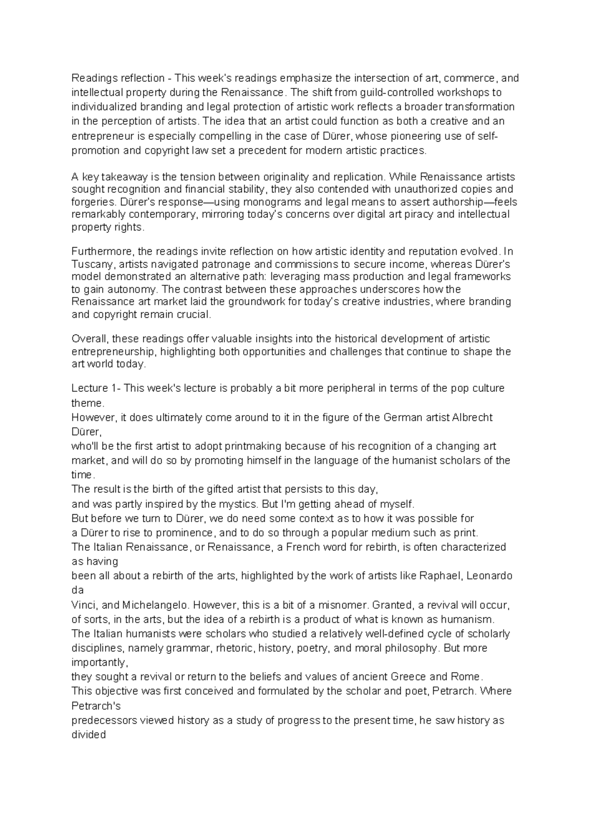 Week 5 reflection: The evolution of artistic identity in the Renaissance - Studocu