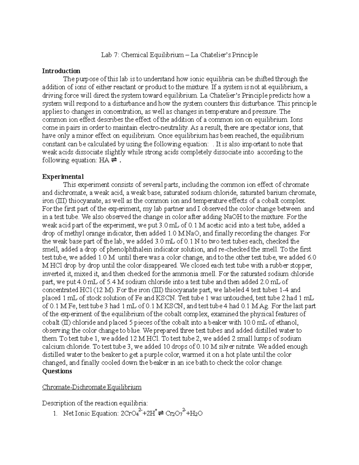 Lab 7: Exploring La Chatelier’s Principle in Chemical Equilibrium - Studocu