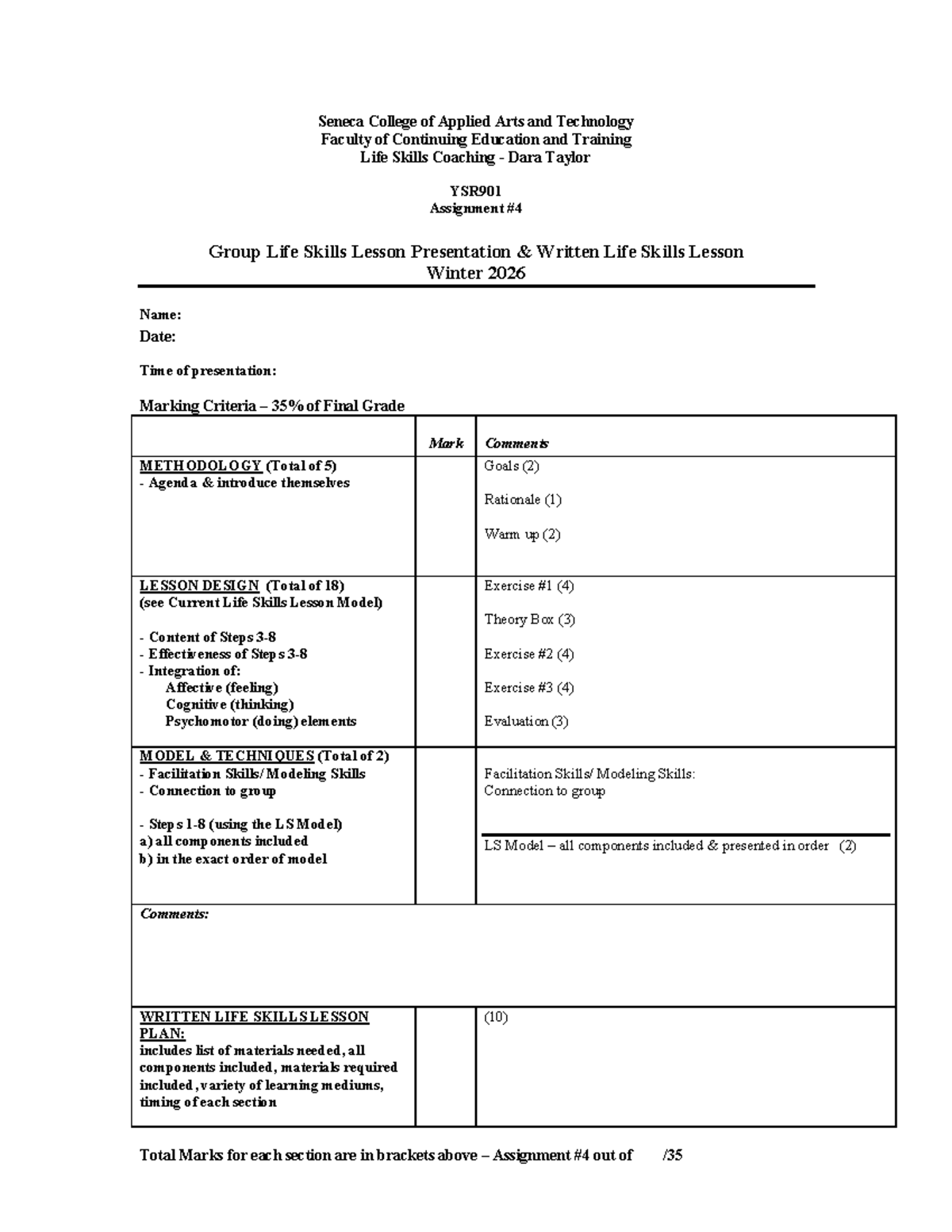 YSR901 Life Skills Coaching: Assignment #4 Presentation & Lesson Plan ...