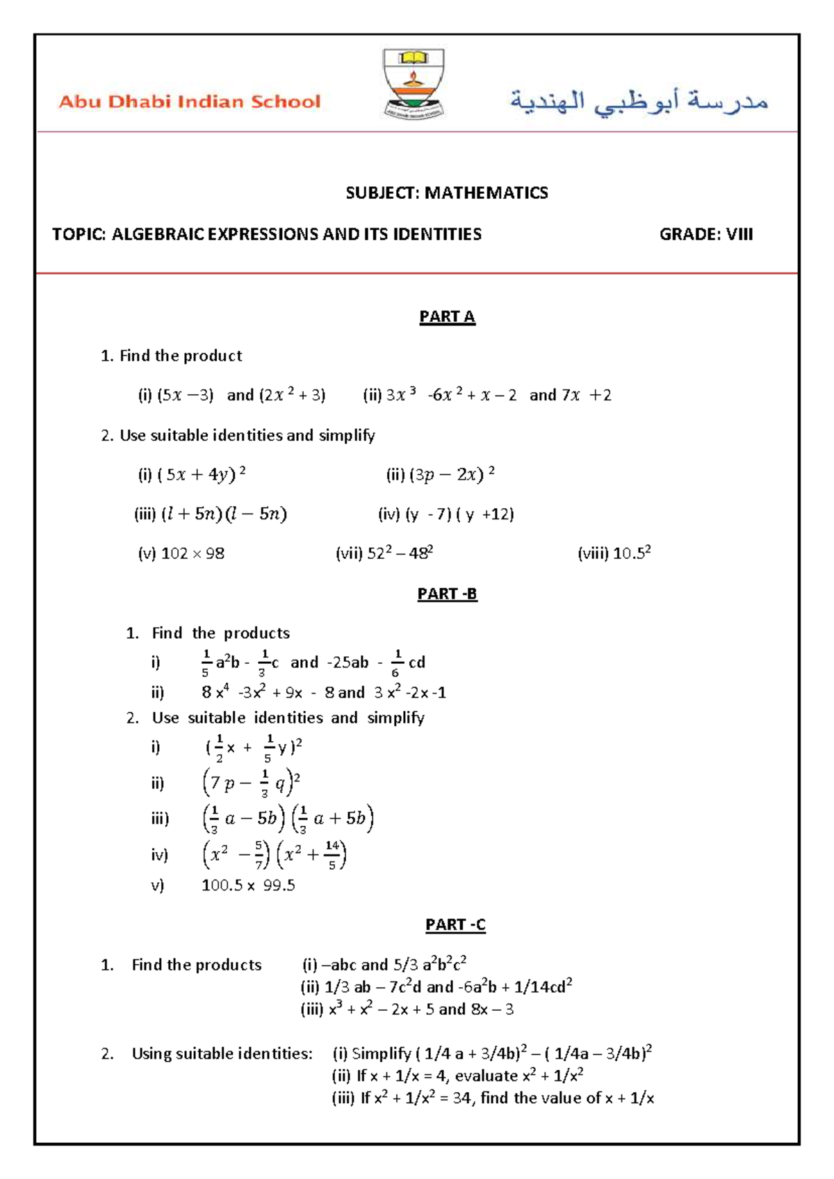 GR 8 CT 2 Algebraic Expressions & Identities Revision Worksheet - Studocu