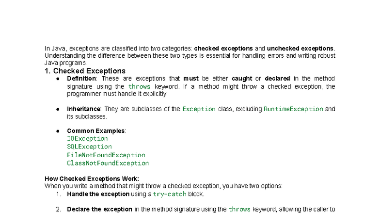 Unit 4: Understanding Checked vs Unchecked Exceptions in Java - Studocu