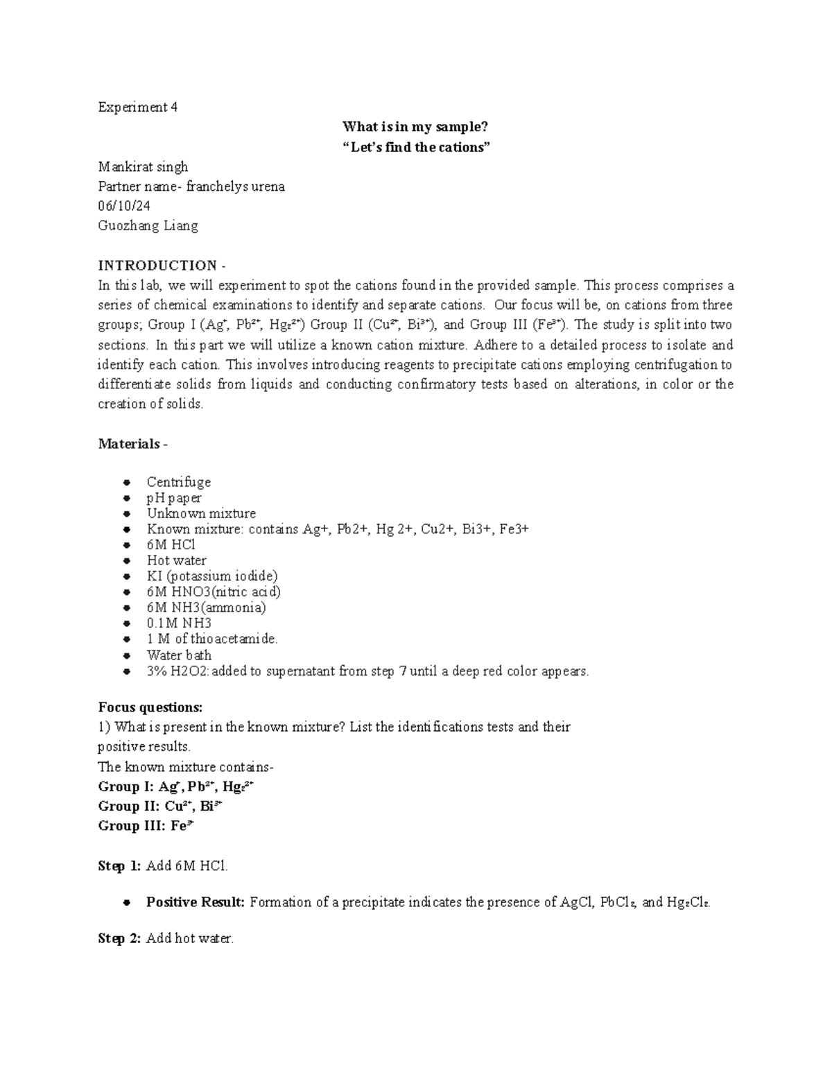 Experiment 4 - Identification of Cations in Mixture (LAB 4) - Studocu