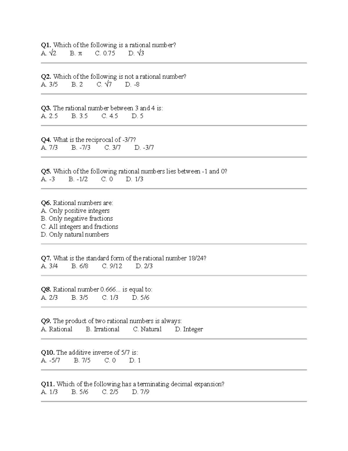 Rational Numbers Quiz VES 2023 - Questions and Answers - Studocu