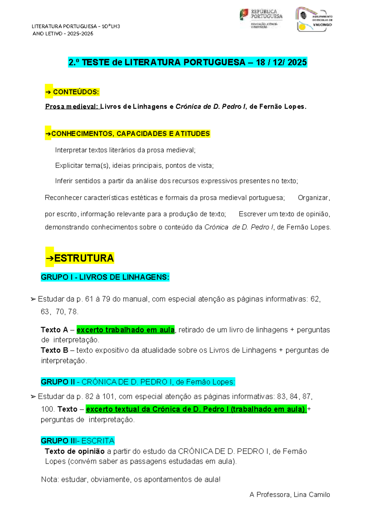Teste 2 de Literatura Portuguesa 1OºLH3 - Prosa Medieval e Crónica de D ...
