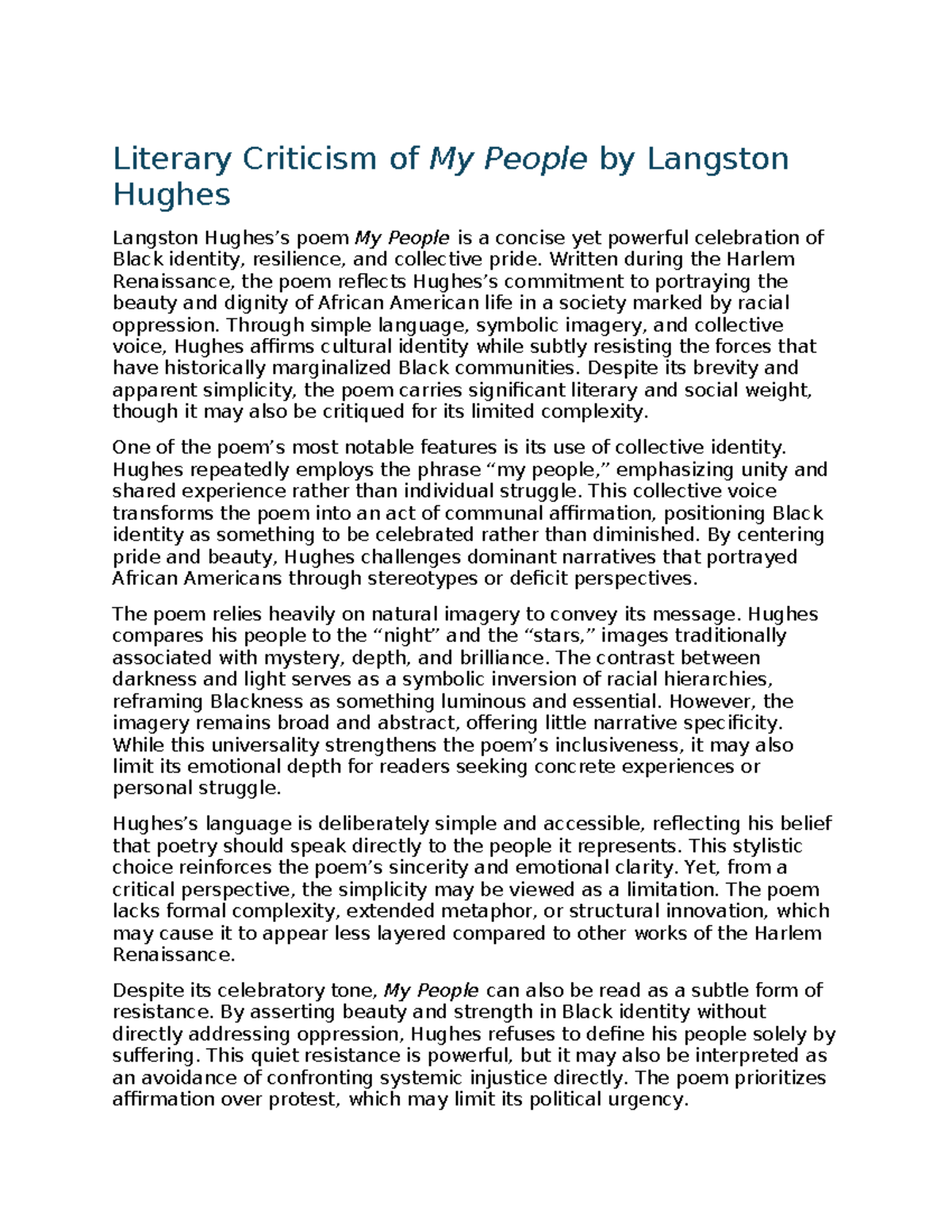 Literary Criticism of "My People" by Langston Hughes - Studocu