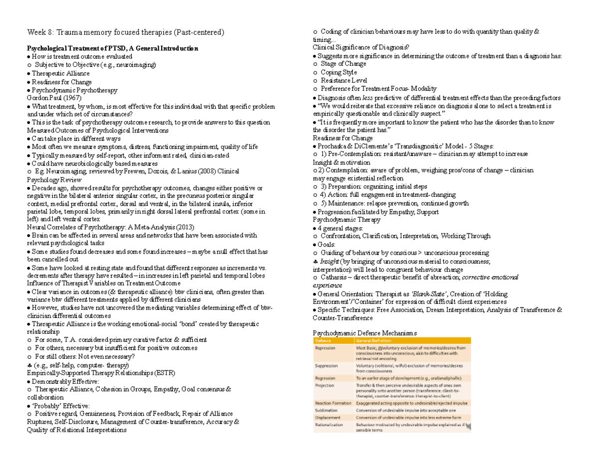 Week 8: Trauma Memory Therapies & PTSD Treatment Overview - Studocu
