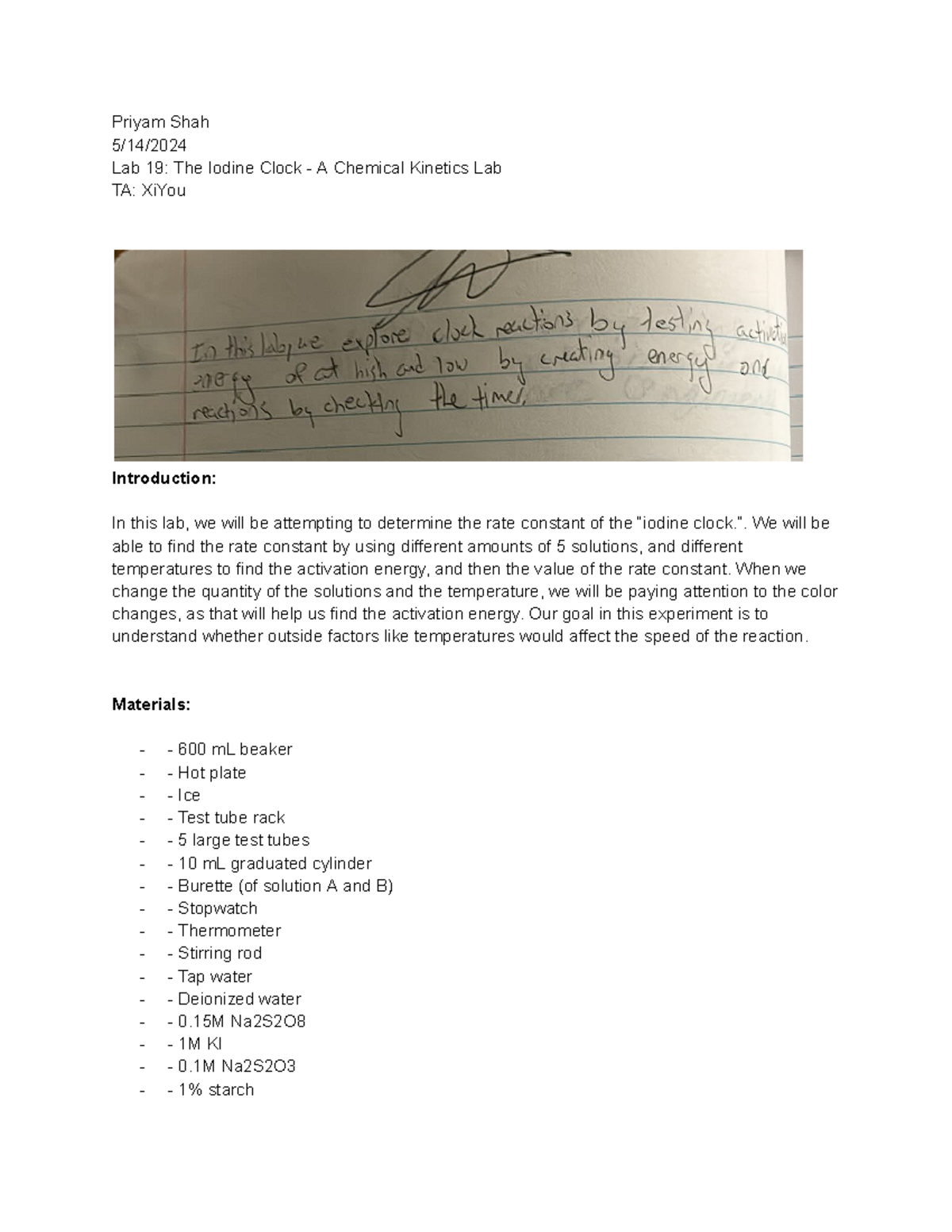 Lab 19 - The Iodine Clock: Chemical Kinetics Experiment Analysis - Studocu