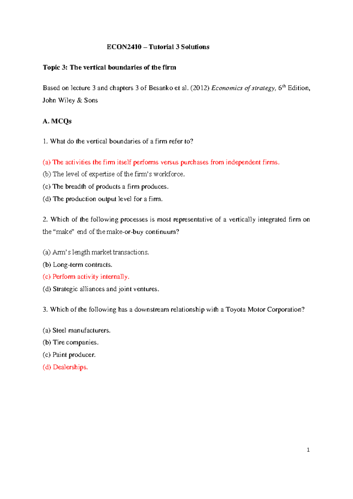 Tutorial 3 Solutions - ECON2410 – Tutorial 3 Solutions Topic 3: The ...