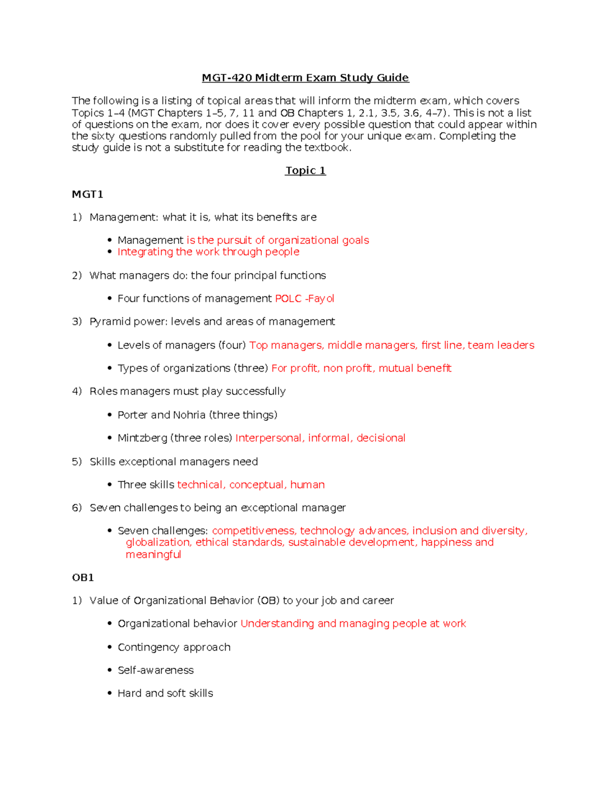 MGT-420 Midterm Exam Study Guide: Key Topics and Concepts - Studocu