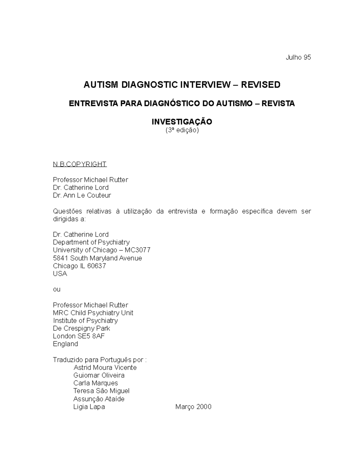 Manual de Entrevista para Diagnóstico do Autismo – ADI-R (3ª Edição ...
