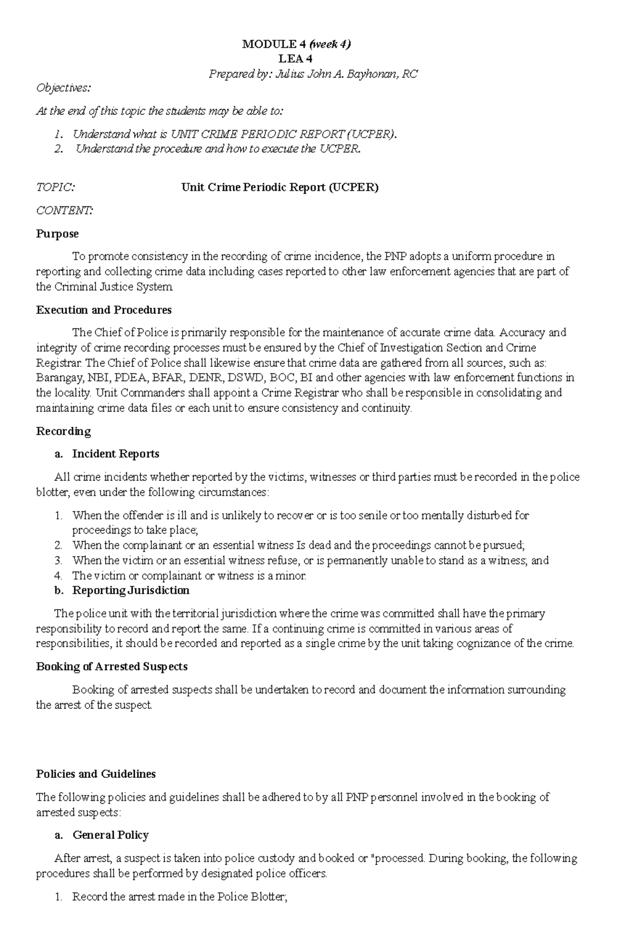 Module 4 LEA 4: Unit Crime Periodic Report and Booking Procedures - Studocu