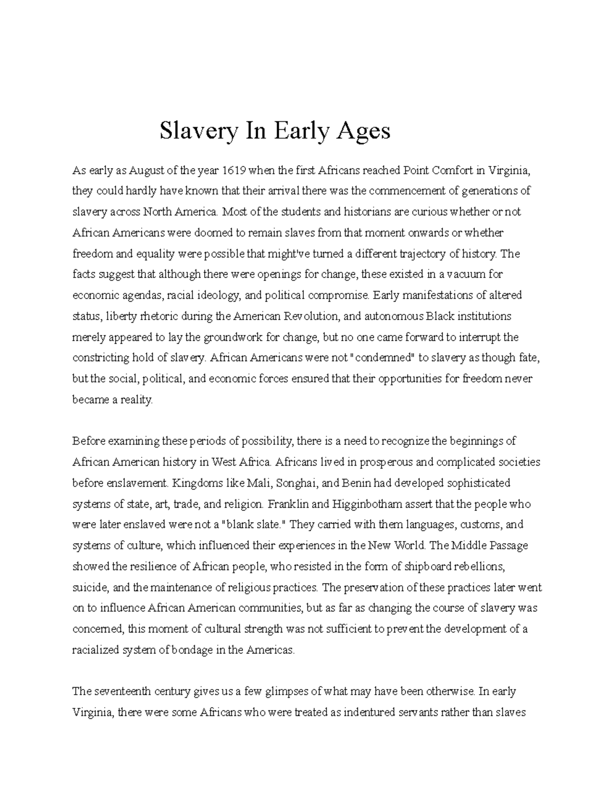 Essay - African American History: Slavery's Early Impact and Legacy ...