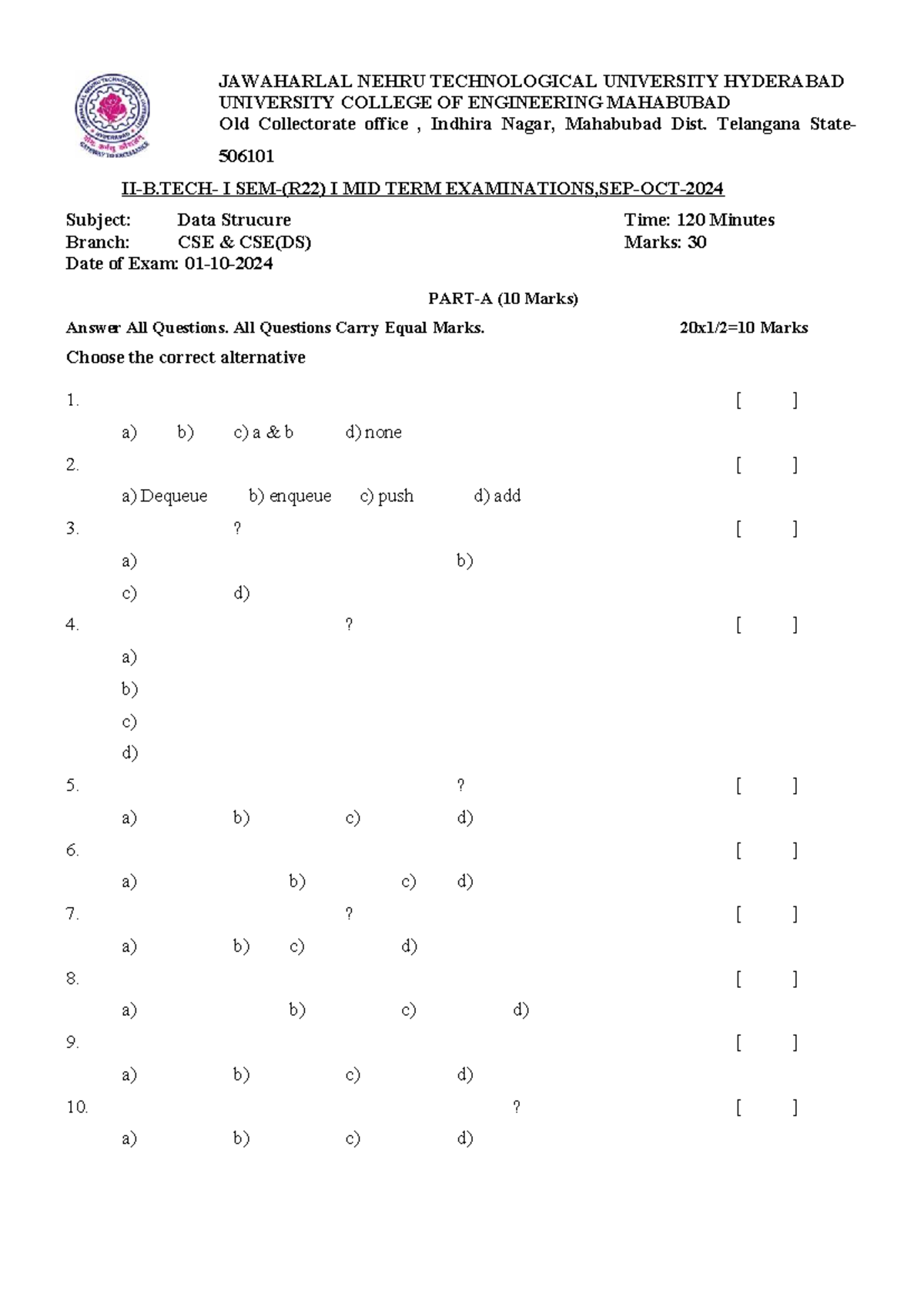 R22 CSE I Midterm Exam: Data Structures - Sep-Oct 2024 - Studocu