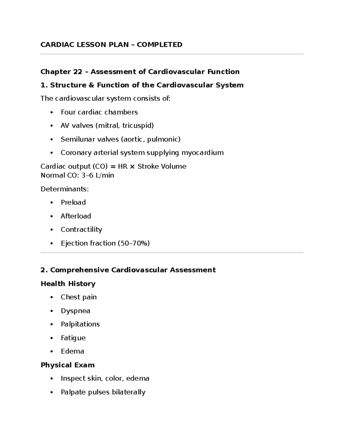 CARDIAC LESSON PLAN: Assessment of Cardiovascular Function - Studocu