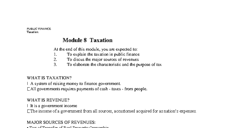 PUBLIC FINANCE Taxation Module 8: Key Concepts and Revenue Sources ...