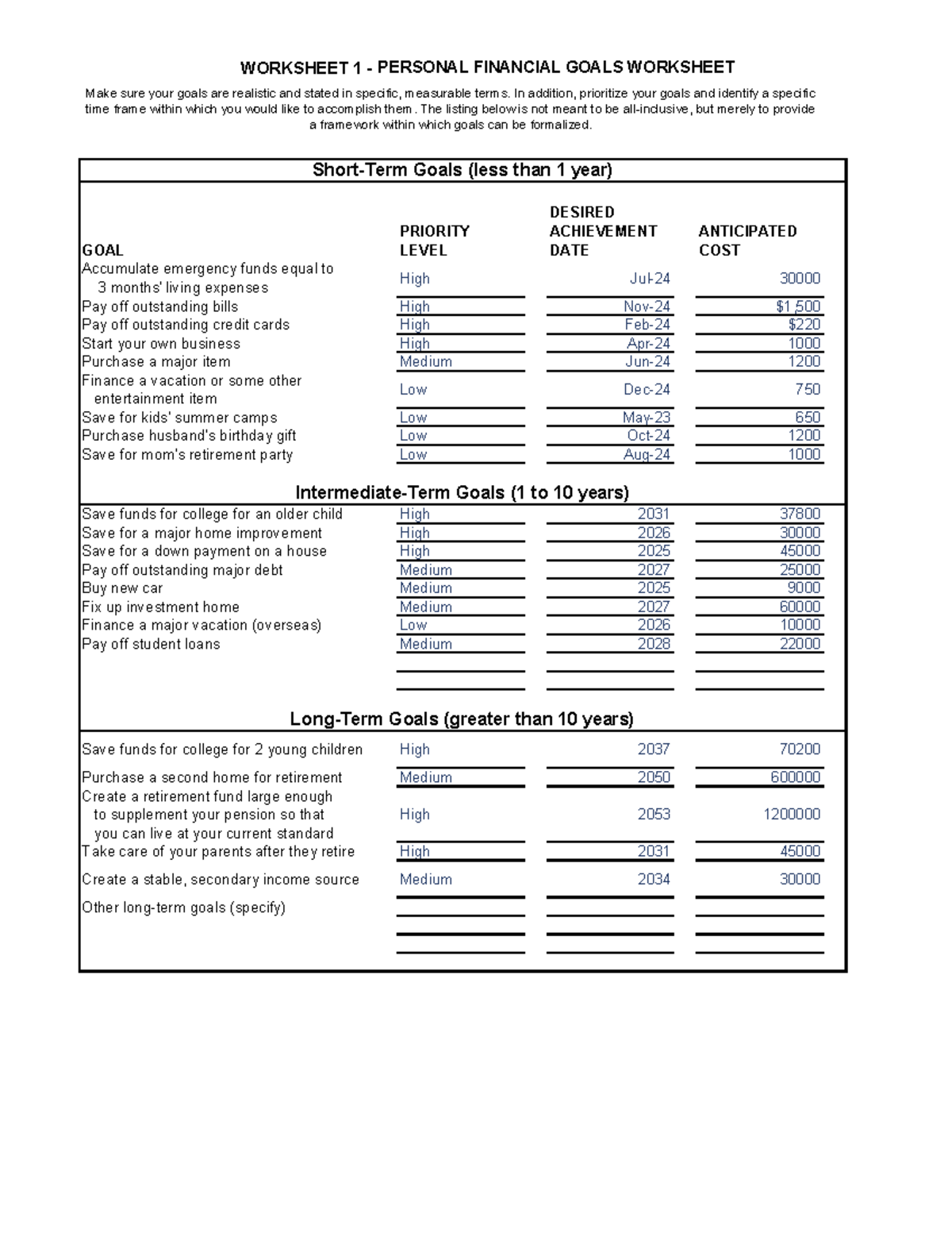 Personal Financial Goals Worksheet: Short to Long-Term Planning - Studocu