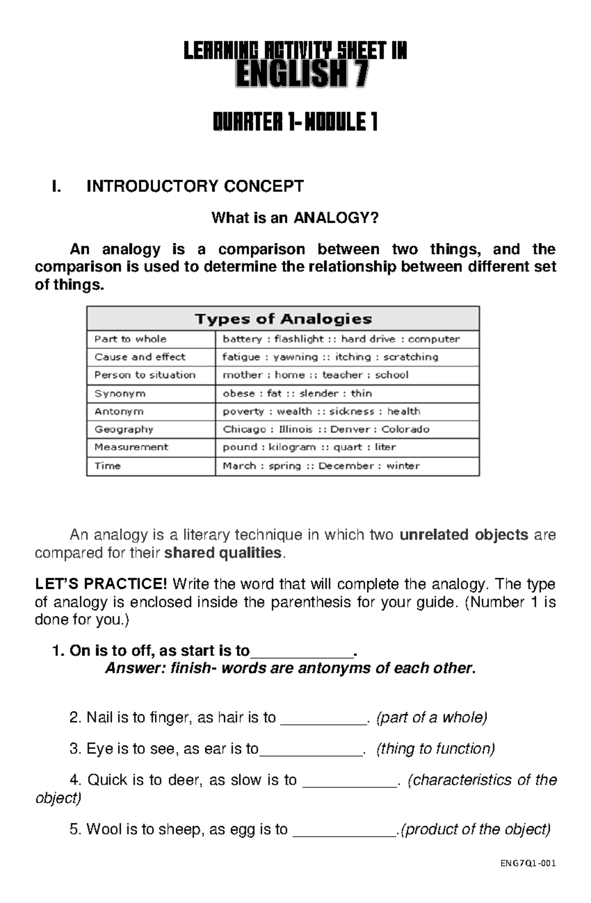 LAS 1. Analogy_1st Quarter Grade 7 - I. INTRODUCTORY CONCEPT What is an ...