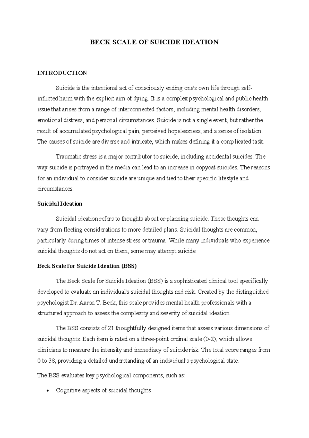 BECK SCALE OF SUICIDE IDEATION: A Comprehensive Overview - Studocu