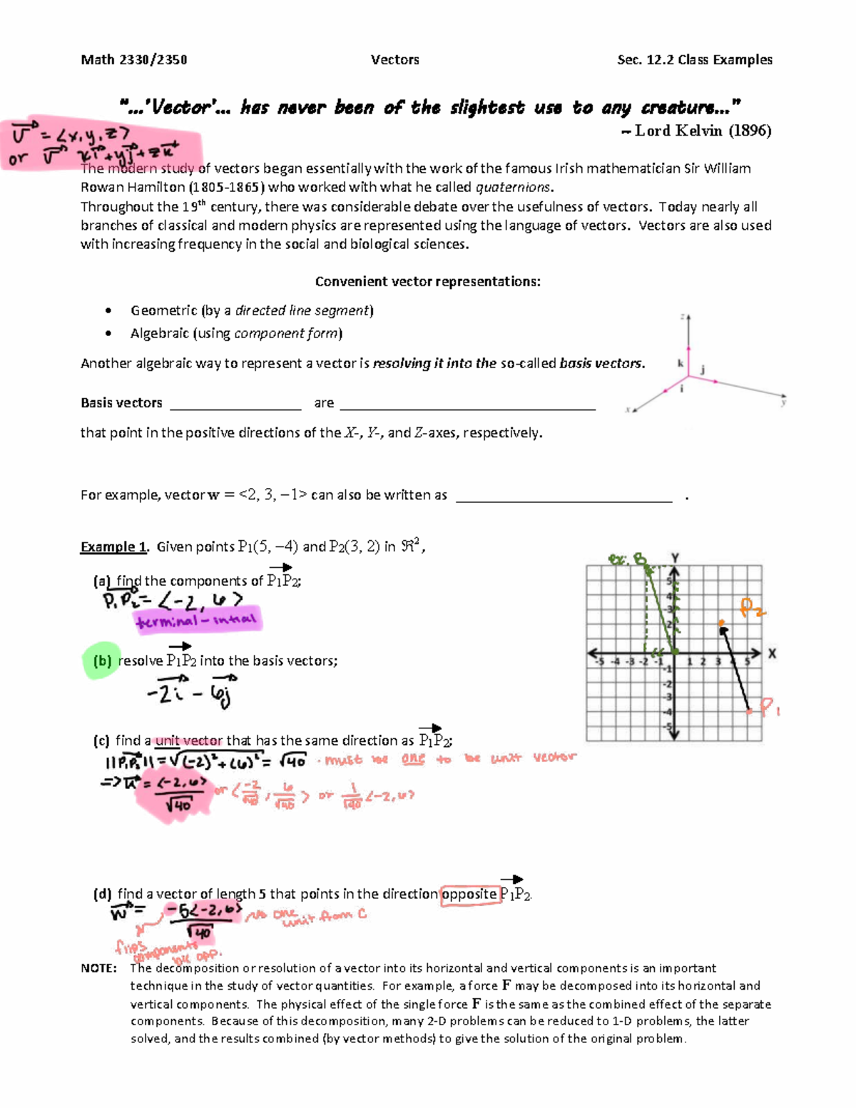 Math 2330/2350 Final Exam Review: Vectors Sec. 12.2 Examples - Studocu