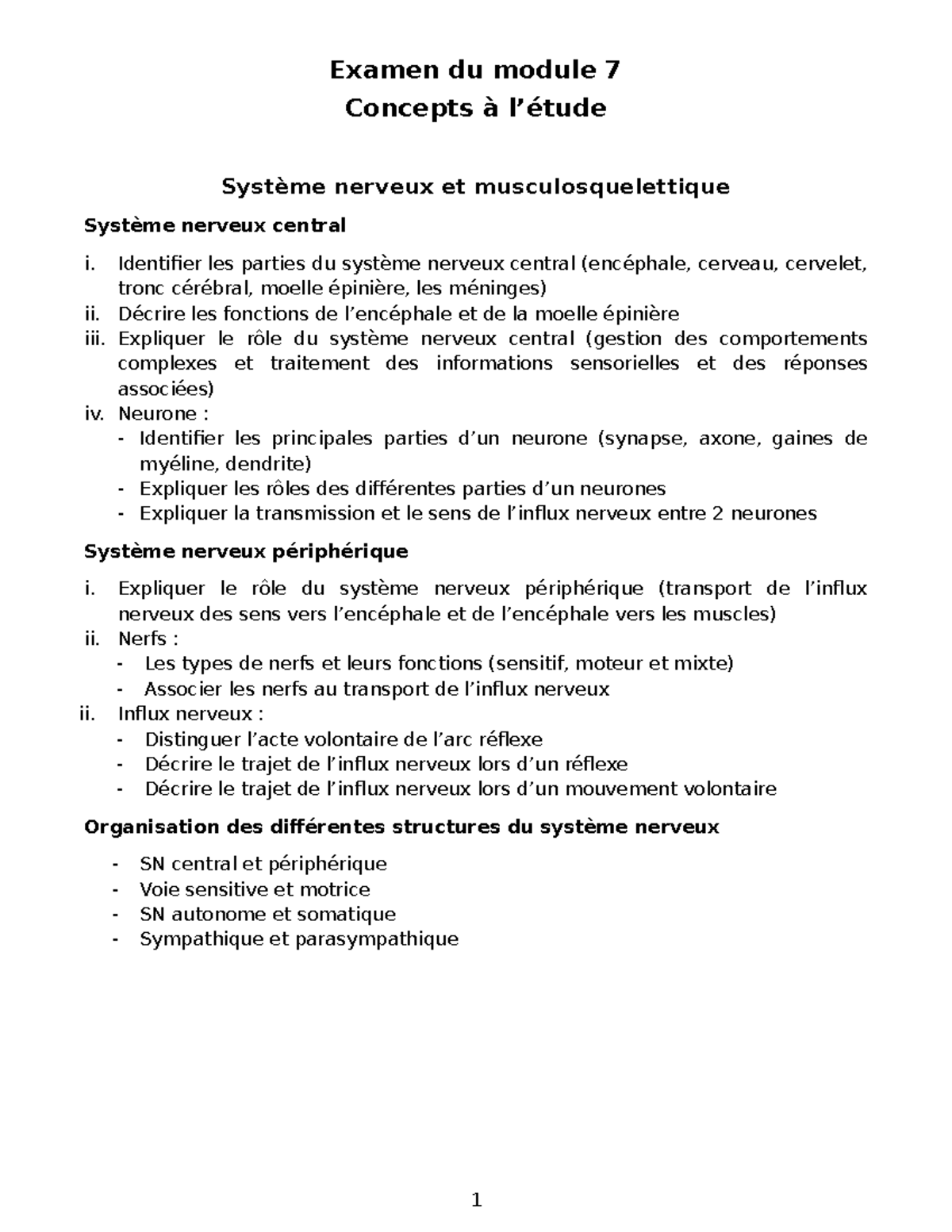 Module 7: Concepts du Système Nerveux et Musculosquelettique - Studocu